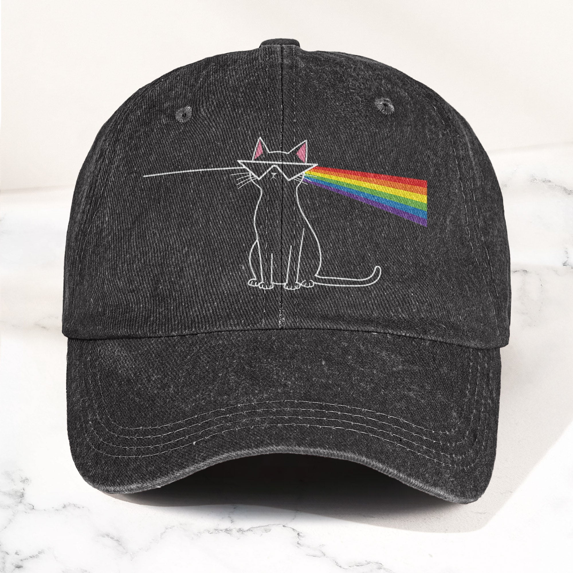 Pink Floyd Inspired Rainbow Prism Cat Pride Vintage Denim Cap – Retro ...