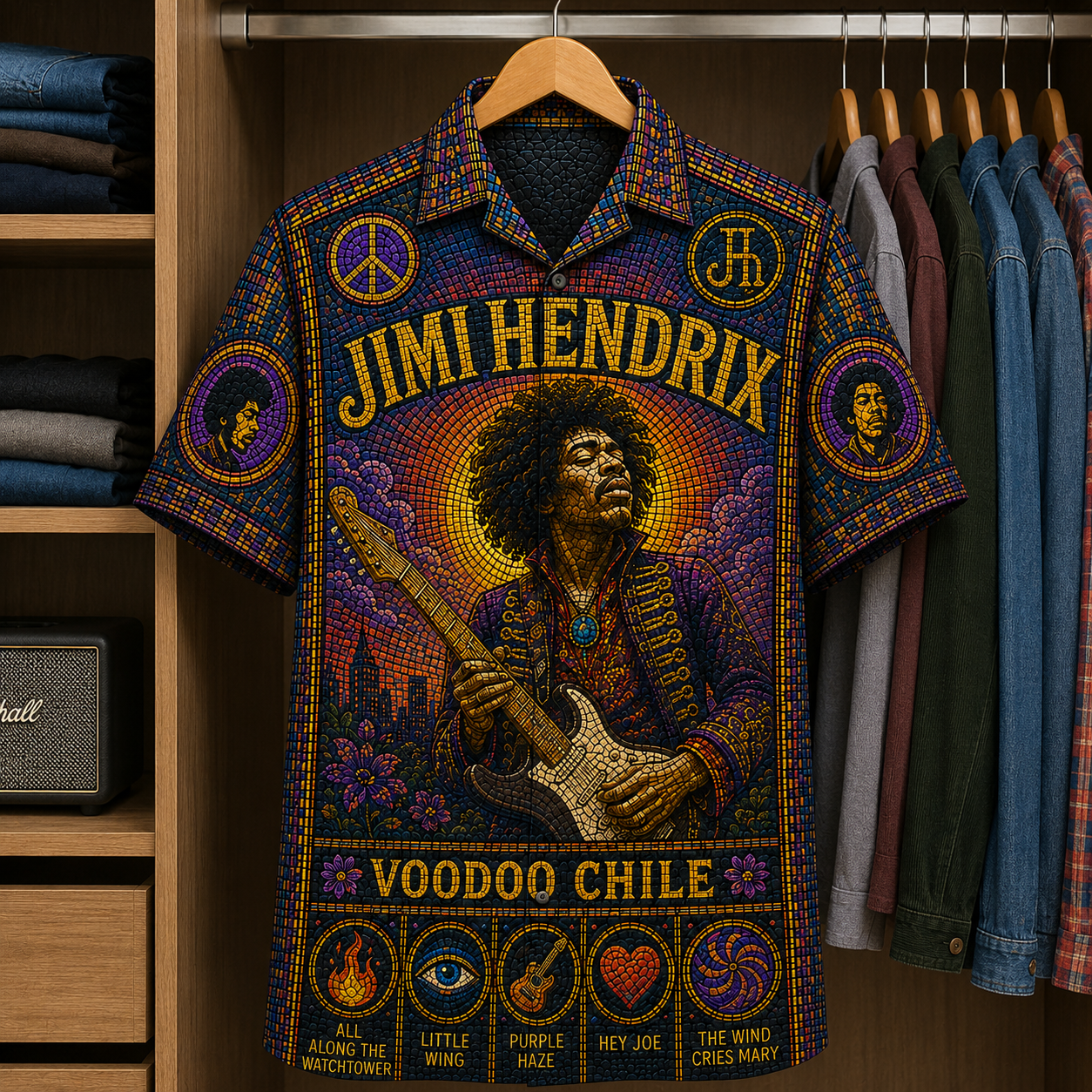 Jimi Hendrix Stained Glass Hawaiian Shirt - Unisex Button Up – Printnest