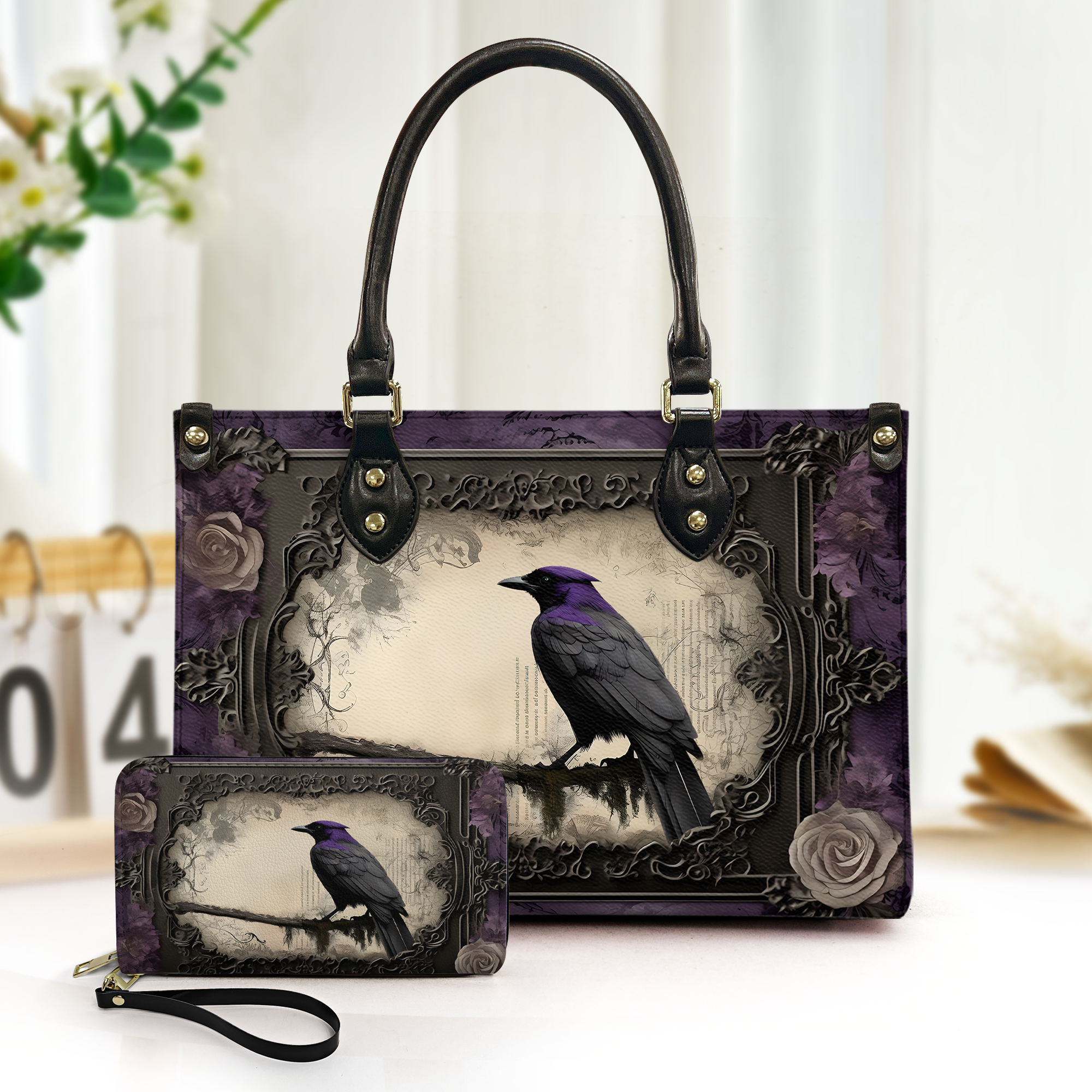 Gothic Raven Leather Handbag & Wallet Set – Inspired by Edgar Allan Po ...