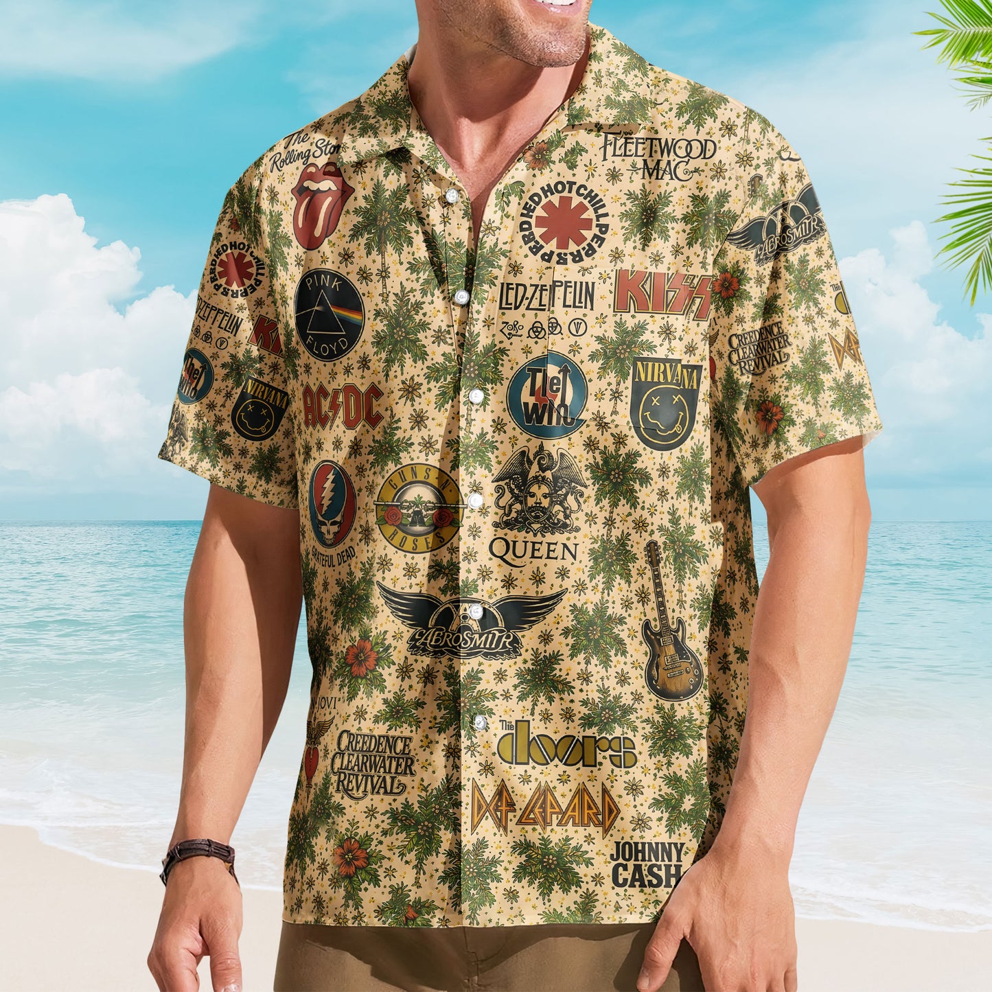 Classic Rock Band Logos Hawaiian Shirt - Unisex Cream Floral Rock Lege ...
