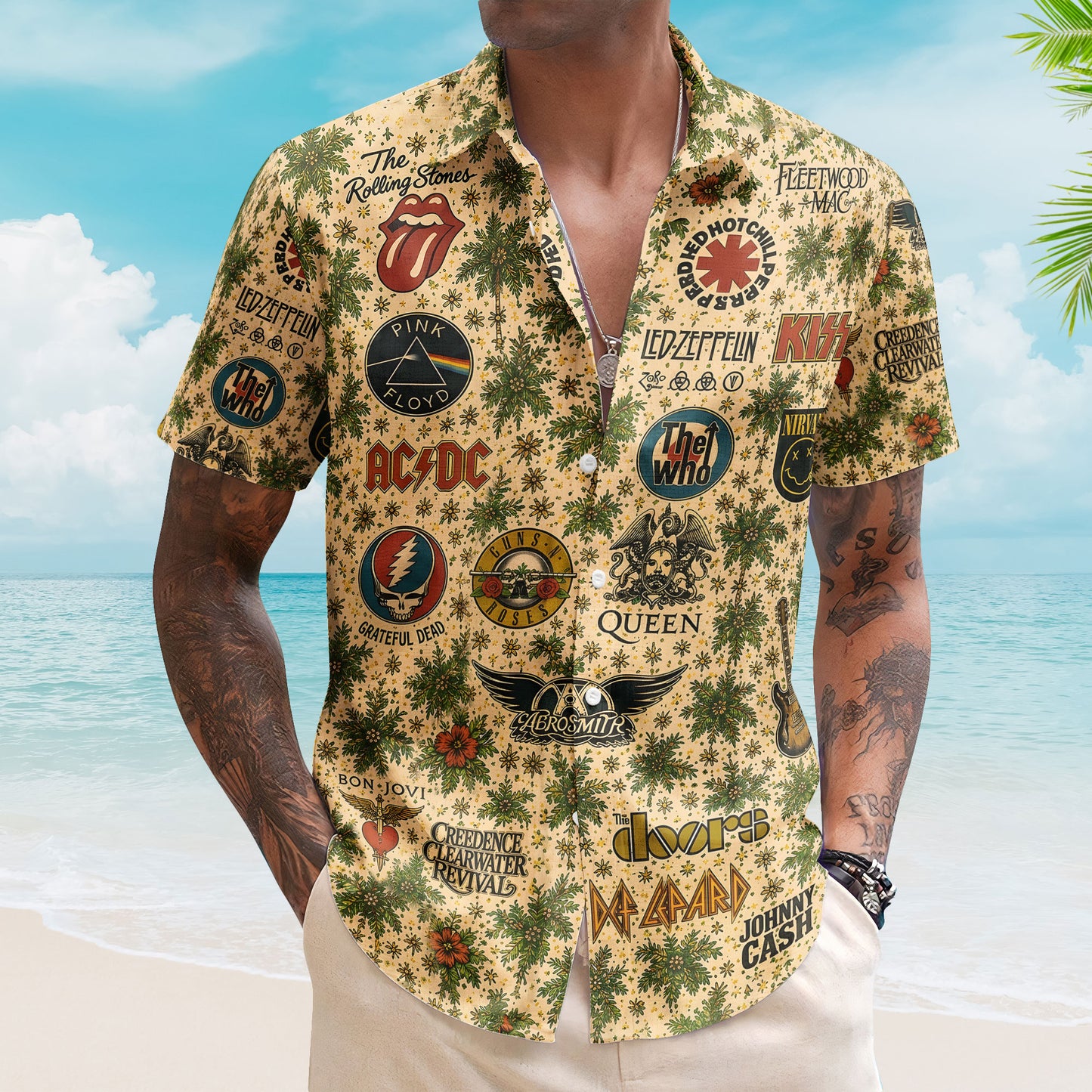Classic Rock Band Logos Hawaiian Shirt - Unisex Cream Floral Rock Lege ...