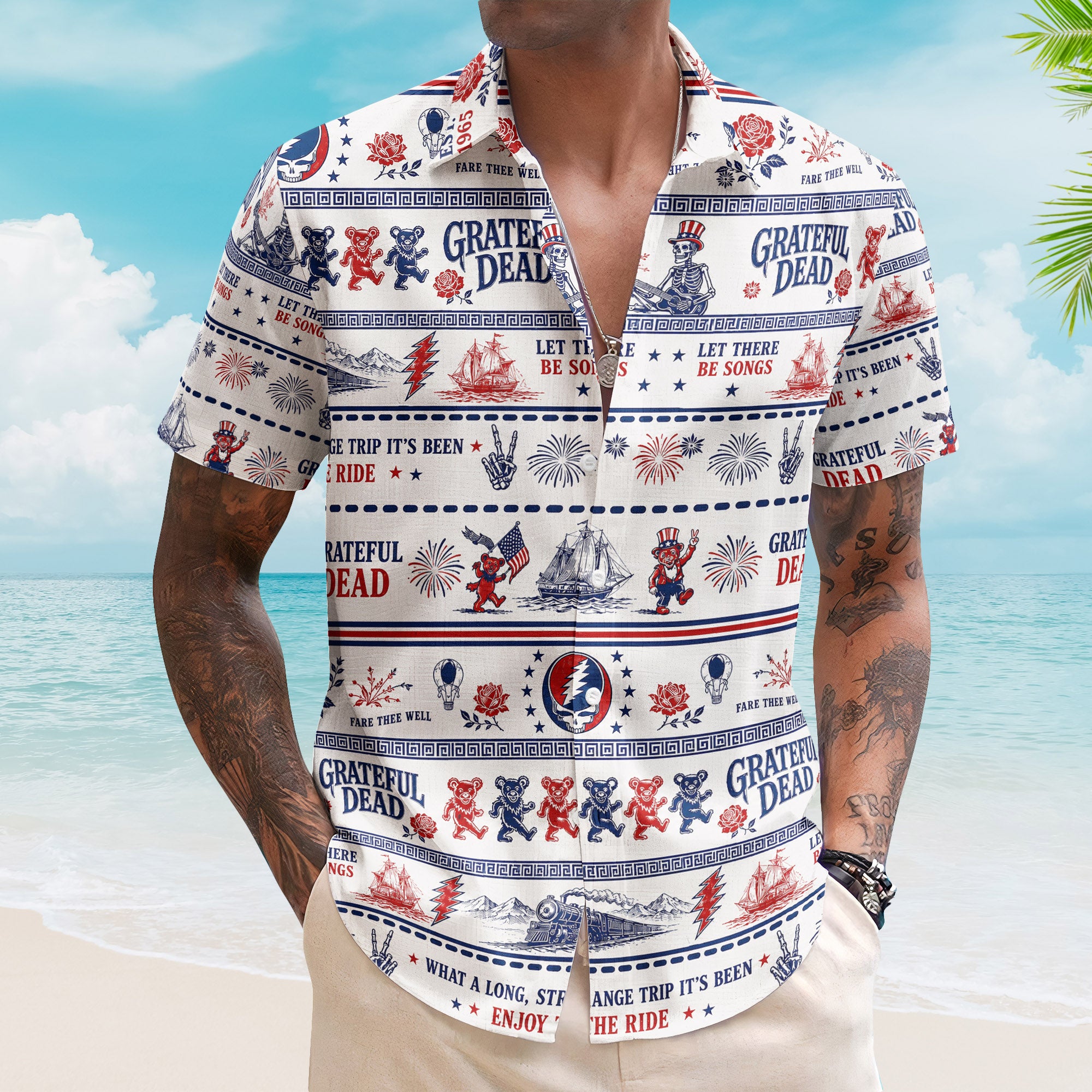 Grateful Dead Hawaiian Shirt - Unisex Americana Stealie Skull Red Whit ...