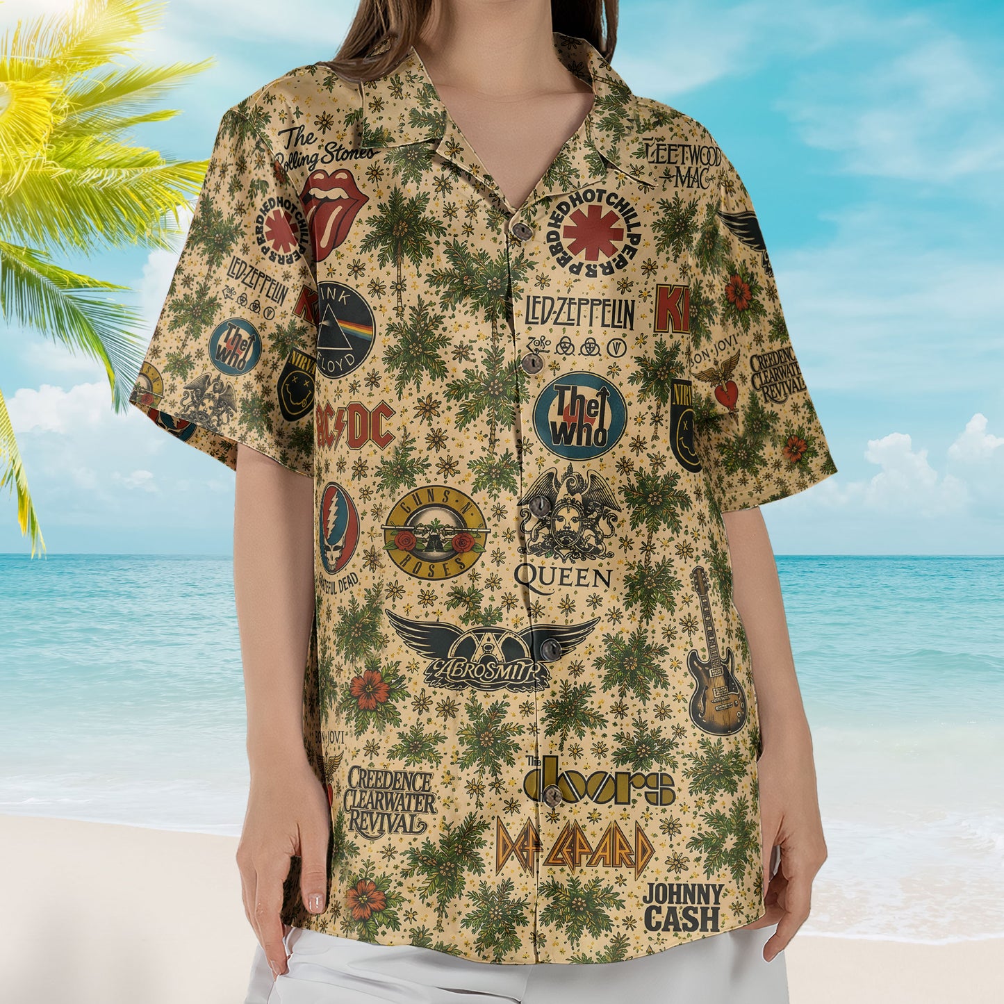 Classic Rock Band Logos Hawaiian Shirt - Unisex Cream Floral Rock Lege ...